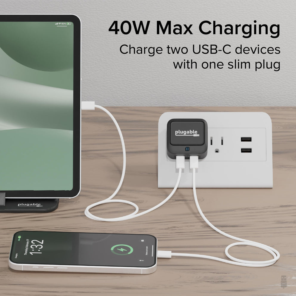 Plugable Dual USB-C Fast Charger, 40W - Black ~ Plugable Technologies