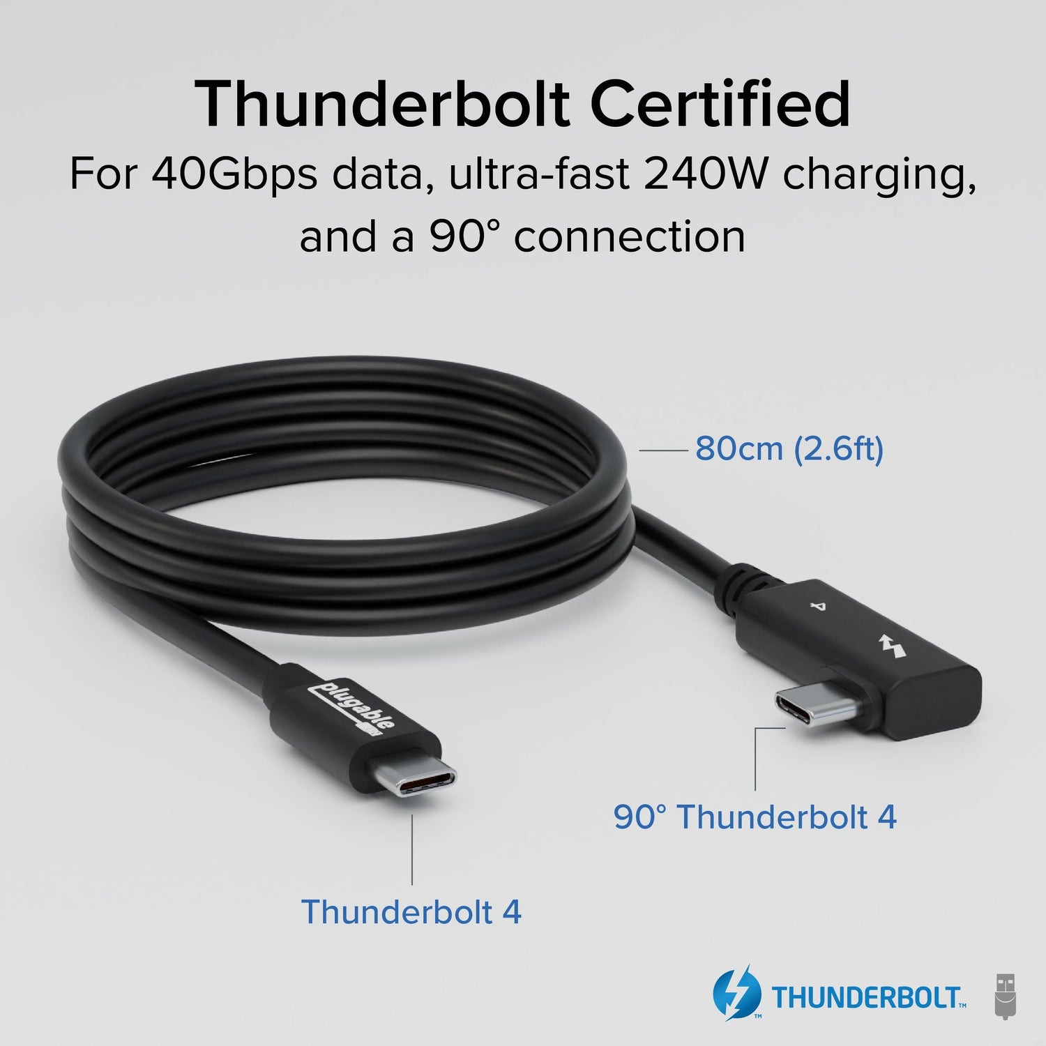 Plugable Thunderbolt 4 Cable with Right Angle Connection (2.6ft / 80cm ...
