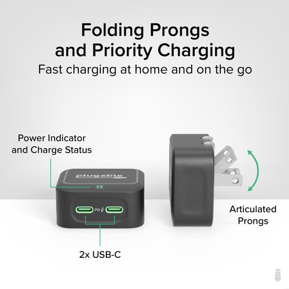 Plugable Dual USB-C Fast Charger, 40W - Black ~ Plugable Technologies