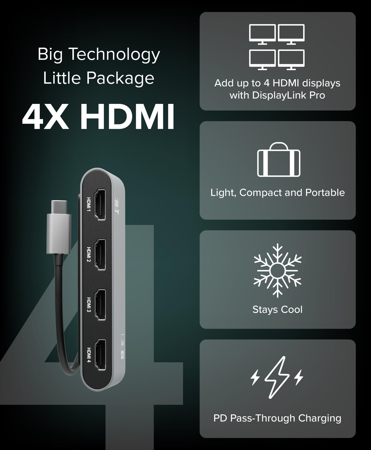 Plugable USB-C Quad 4K HDMI Graphics Adapter With up to 100W USB-C PD ~ Plugable Technologies