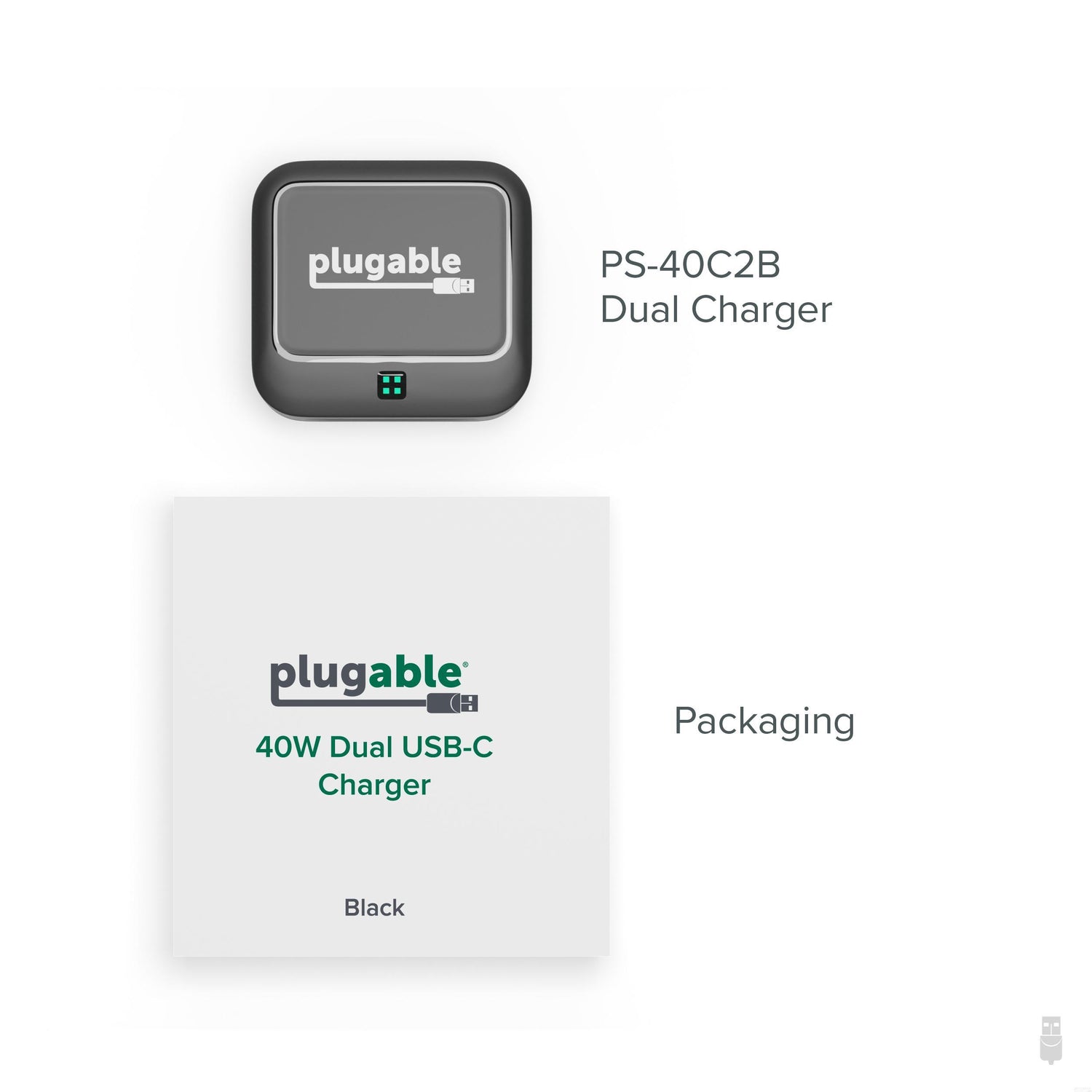 Plugable Dual USB-C Fast Charger, 40W - Black ~ Plugable Technologies