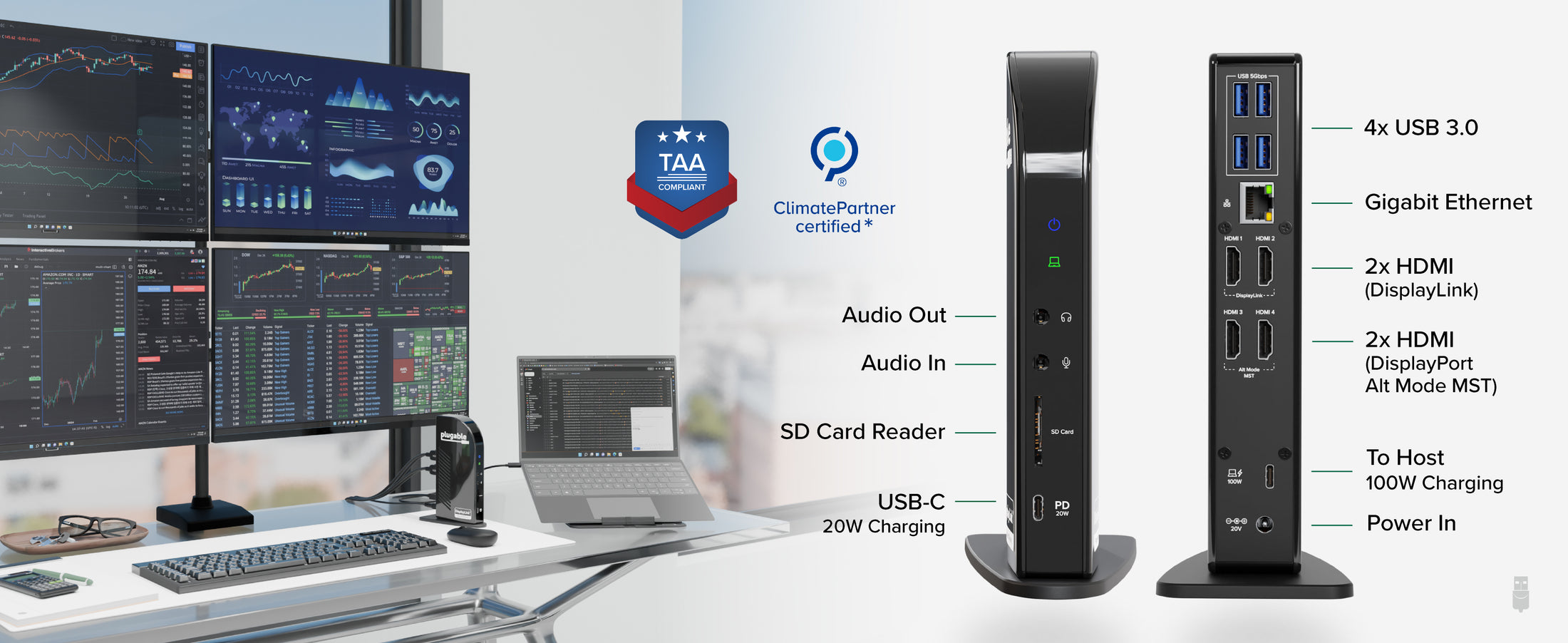 Plugable USB-C Docking Station for 4 Monitor Setup, 96W Laptop Chargin ...