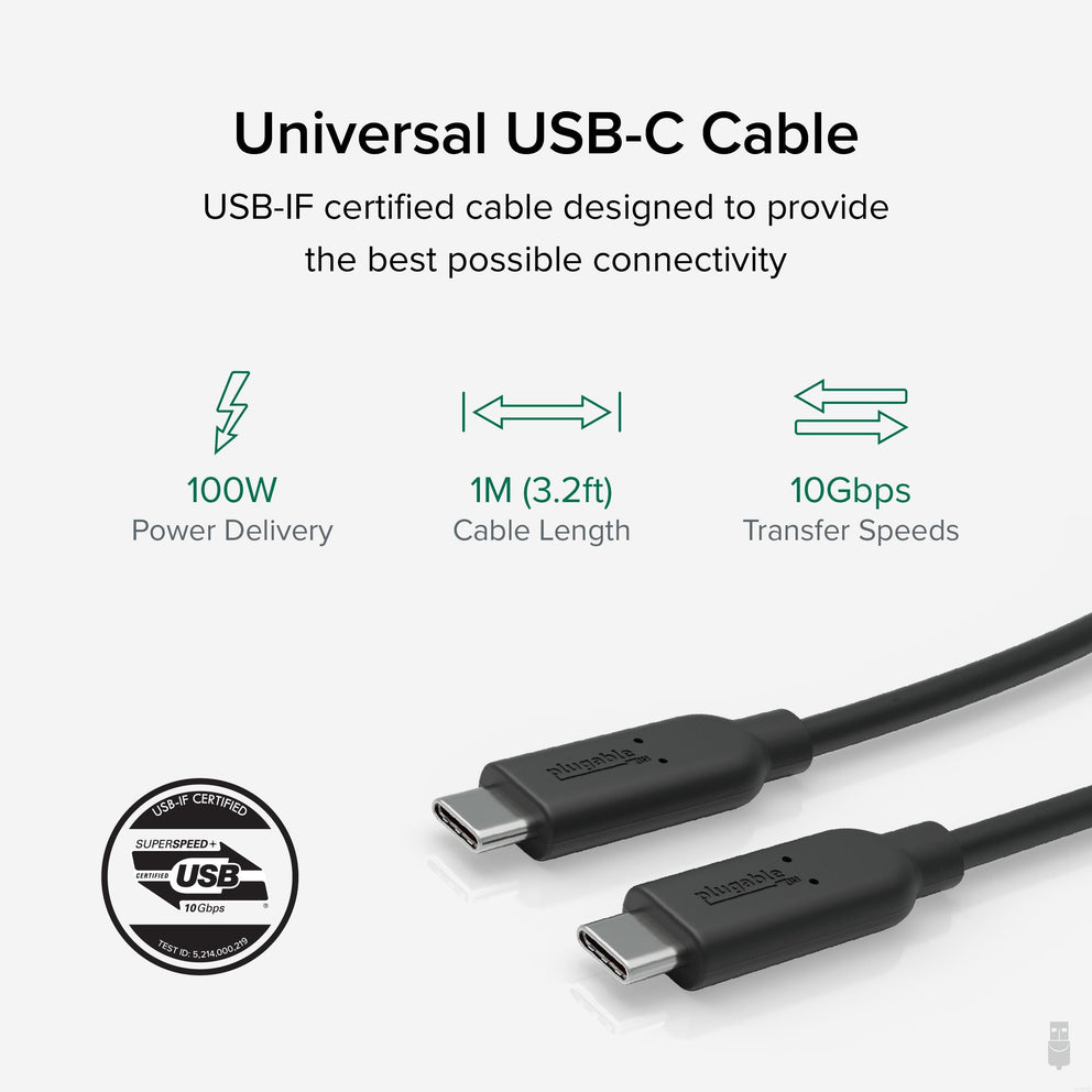 Plugable 10Gbps USB C to USB C Cable, 3.3 feet (1 Meter), 5A, USB-IF C ...