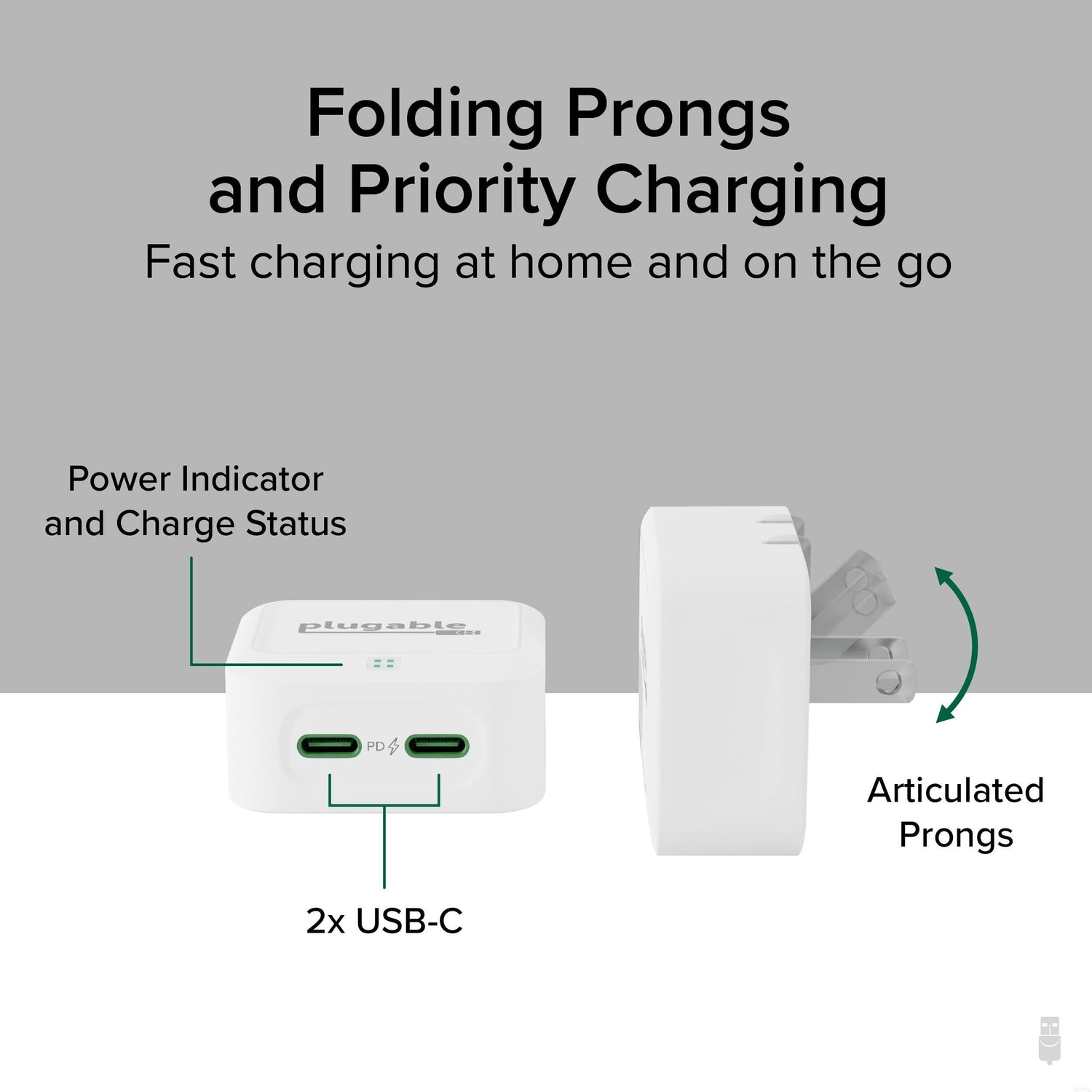 Plugable Dual USB-C Fast Charger, 40W - White ~ Plugable Technologies