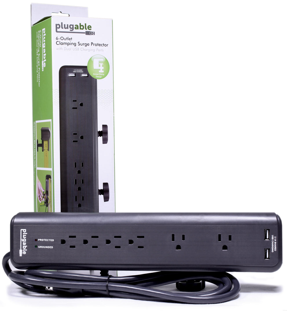 Plugable 6-Outlet Clamping Desk Mountable Power Strip With 2-Port USB ...