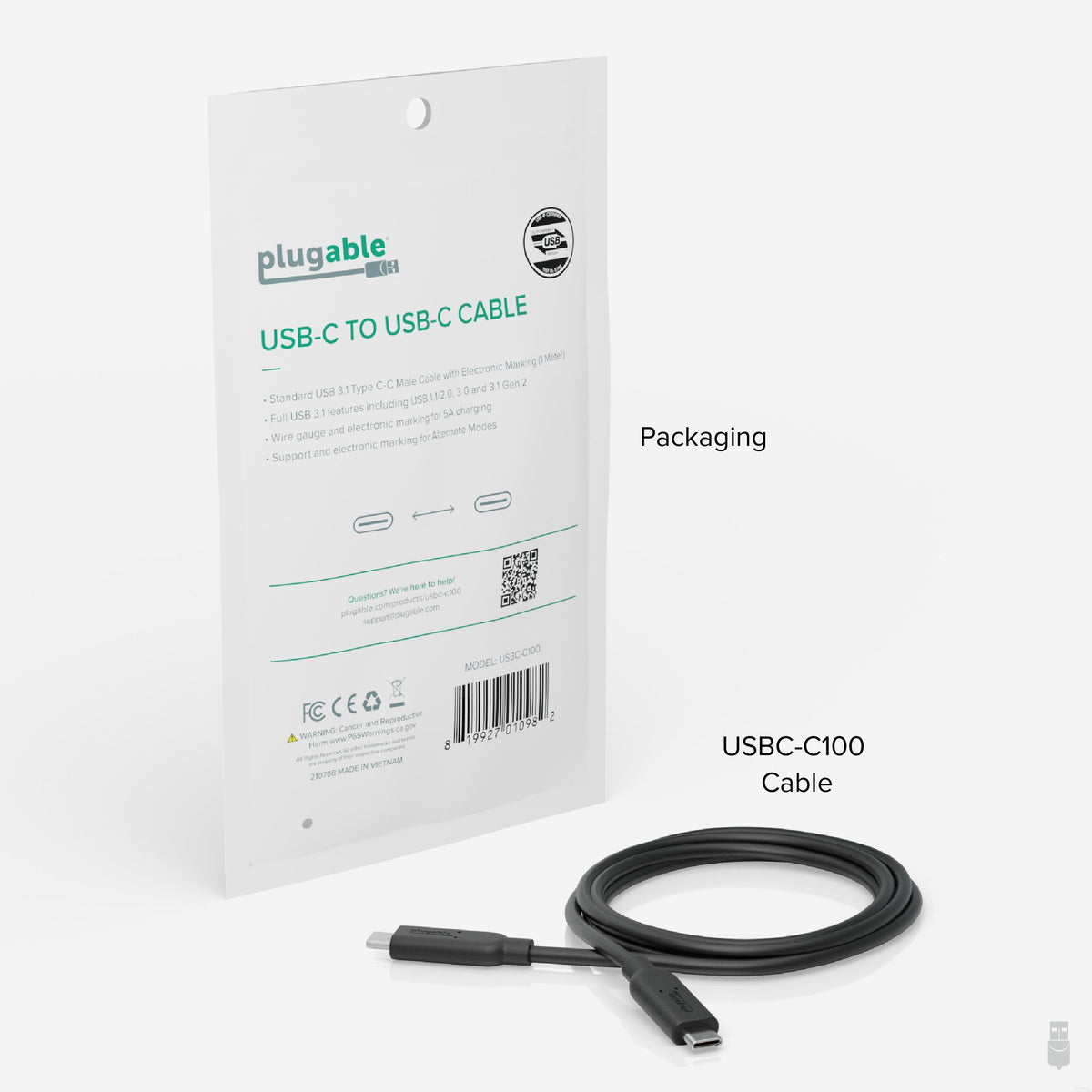 Plugable 10Gbps USB C to USB C Cable, 3.3 feet (1 Meter), 5A, USB-IF C ...