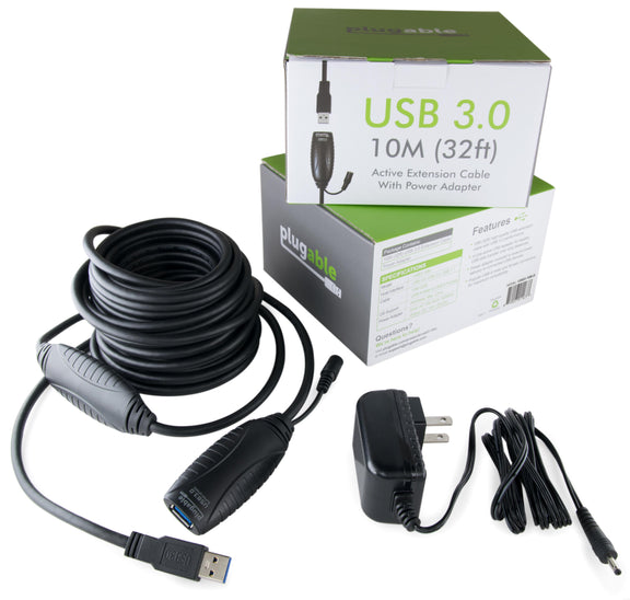Plugable USB 3.0 10M (32ft) Extension Cable with Power Adapter and Bac ...