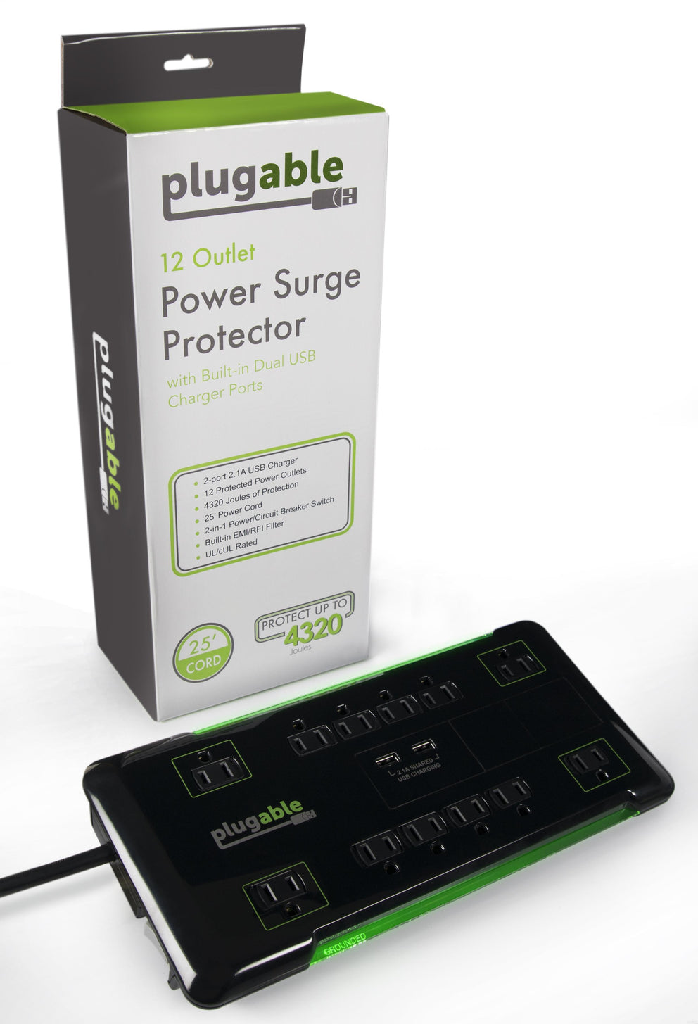 Plugable 12-Outlet Power Strip with 2-Port USB Charger (25ft/7.6m Cabl ...