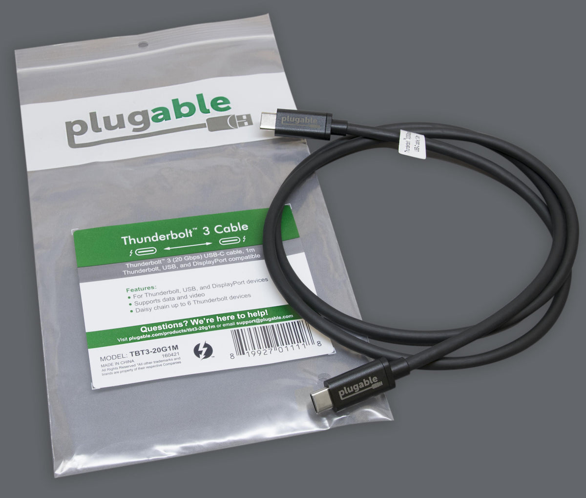 Plugable Thunderbolt 3 Cable 20Gbps with 60W Power Delivery (3.3 feet/1 ...