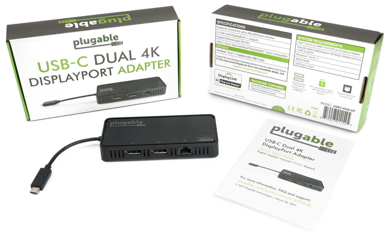 Plugable USB Type-C Dual 4K DisplayPort and Gigabit Ethernet Adapter ...