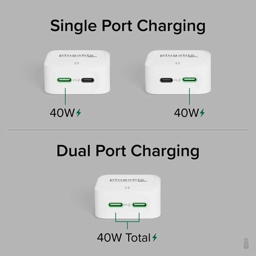 Plugable Dual USB-C Fast Charger, 40W - White ~ Plugable Technologies